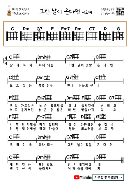 바람이 불어오는 곳김광석 우쿨렐레 코드 악보